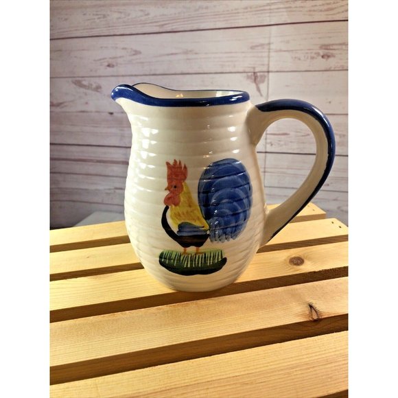 Alco | Kitchen | Alco Pottery Rooster Chicken Pitcher White Blue Green ...